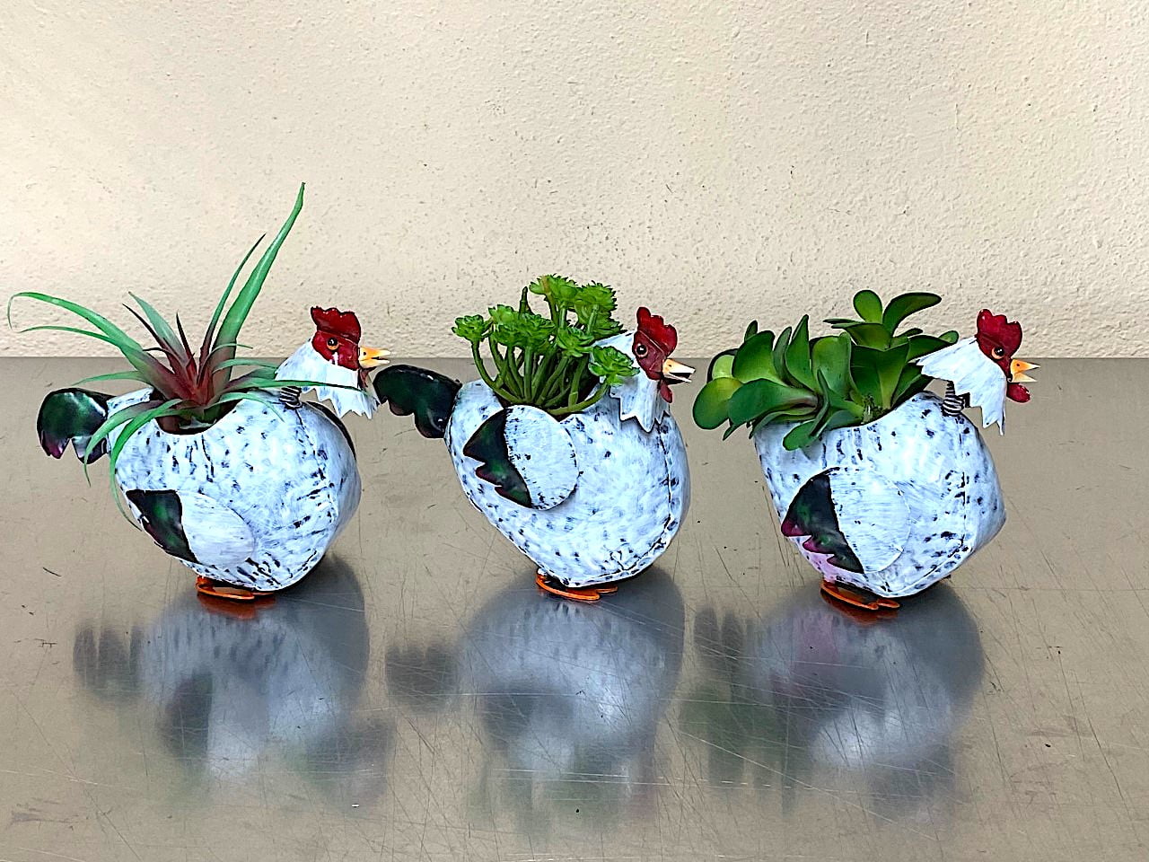 Set of 3 Chicken Planters Small White Metal Rustic Indoor Outdoor Decor ...