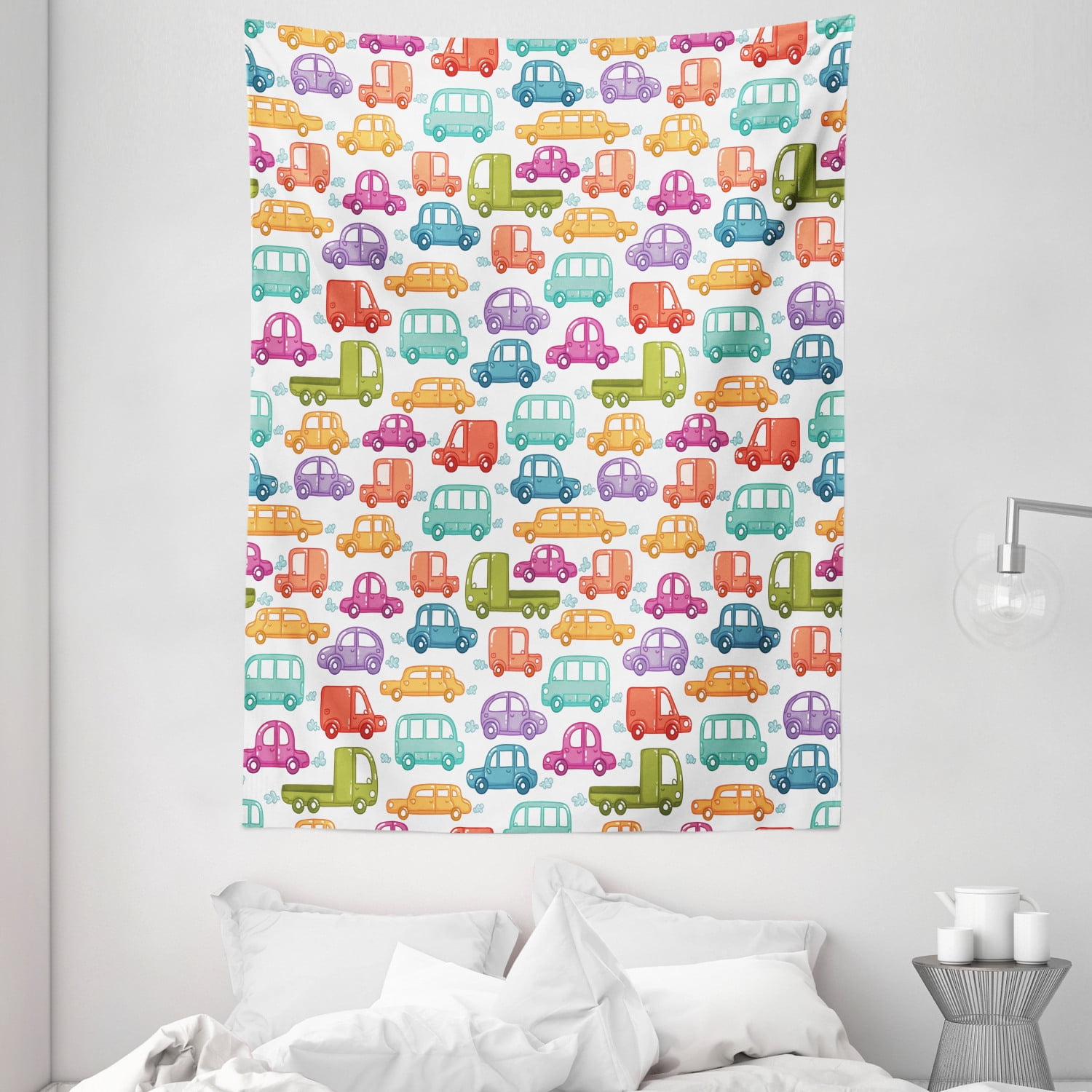 Cars Tapestry, Doodle Style Cars with Vibrant Colors Various Types of ...