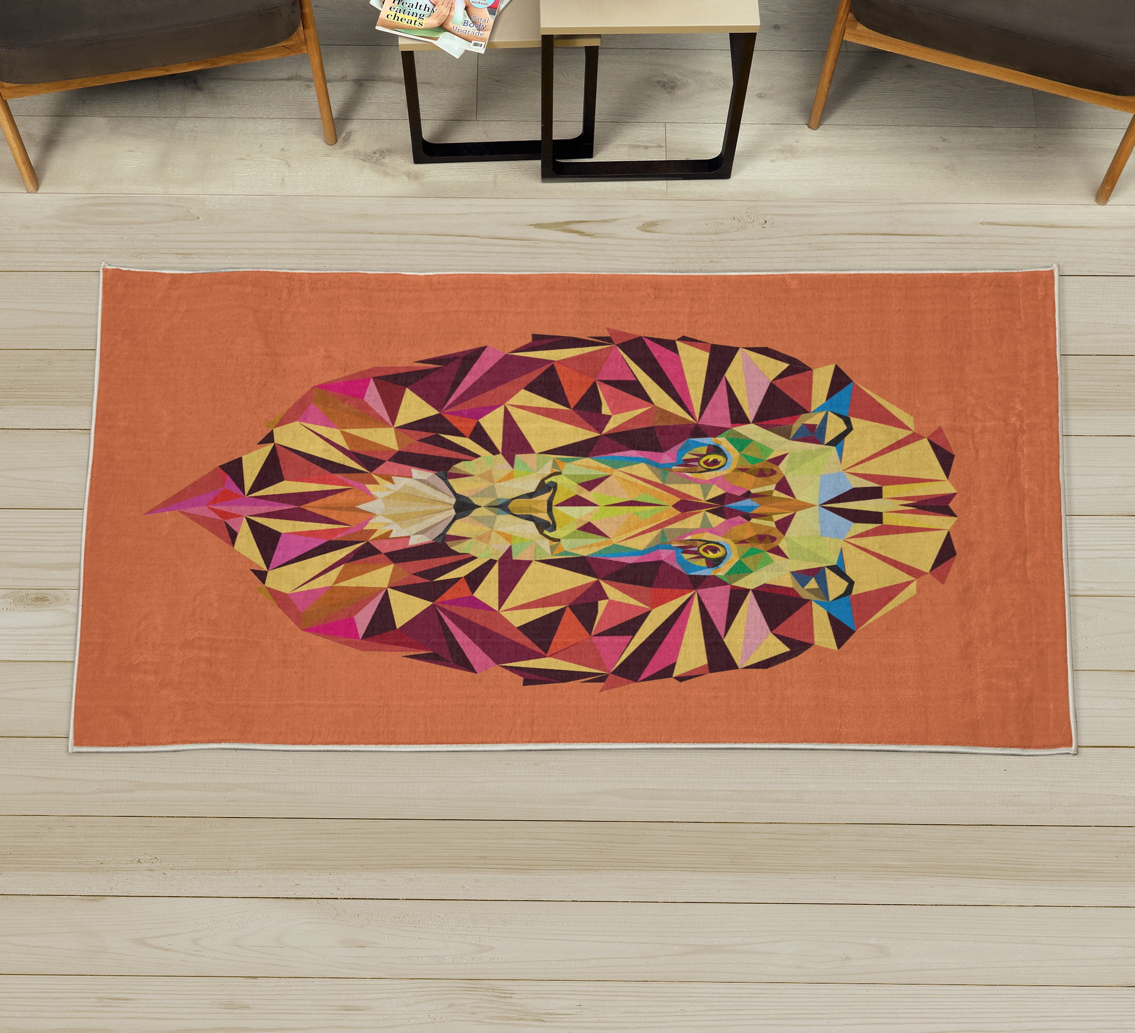 Zoo Decorative Rug, Colorful Animals Geometric Diamond Face Lions Mane ...