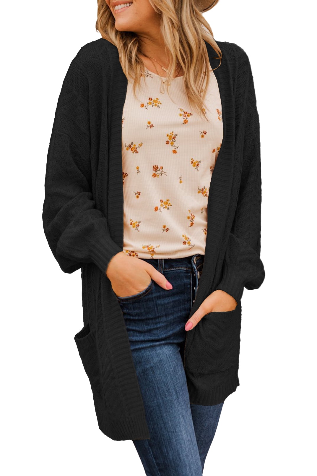 MURMUREY Womens Open Front Cardigans Long Sleeve Cable Knit Lightweight ...