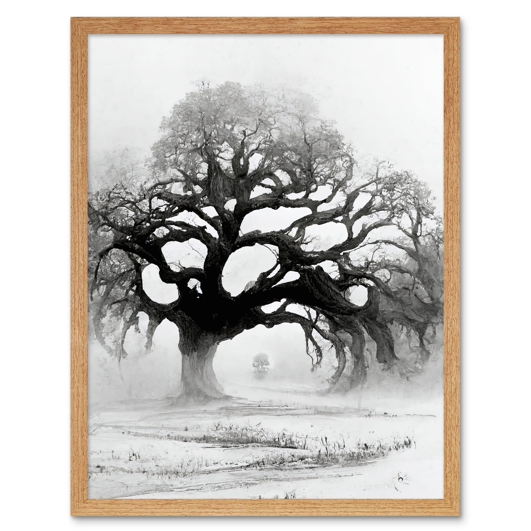 Old Oak Tree In Misty Landscape Pen Ink Illustration Art Print Framed ...