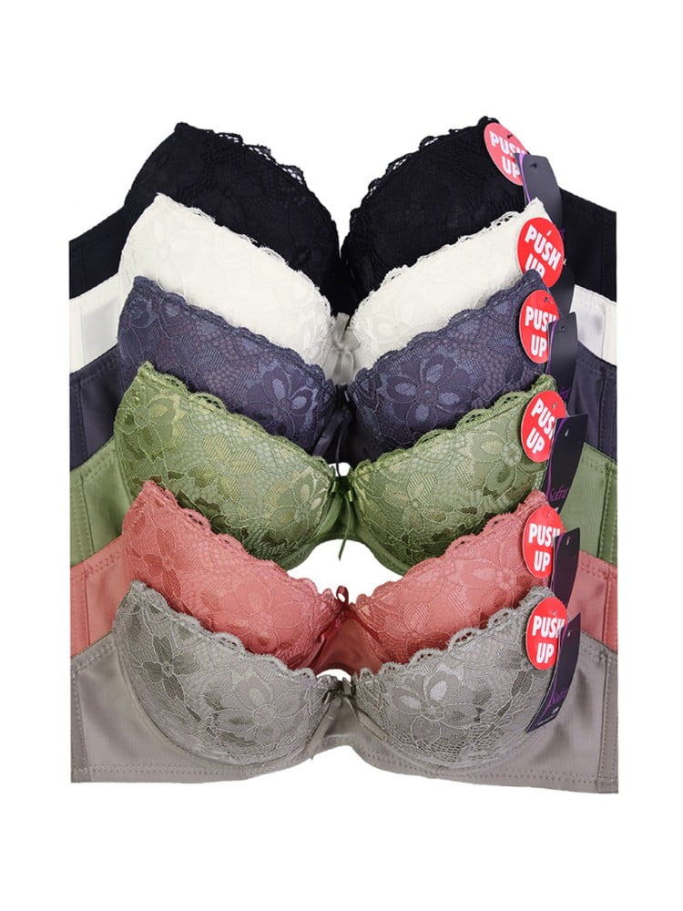 LAVRA Women's 6 Pack of Full Cup Push Up Bras Floral Lace Plain Design ...