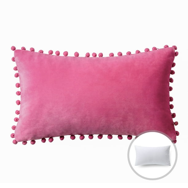 Phantoscope Velvet Series Pom Pom Rectangle Decorative Throw Pillow, 12" x 20", Pink, 1 Pack ...