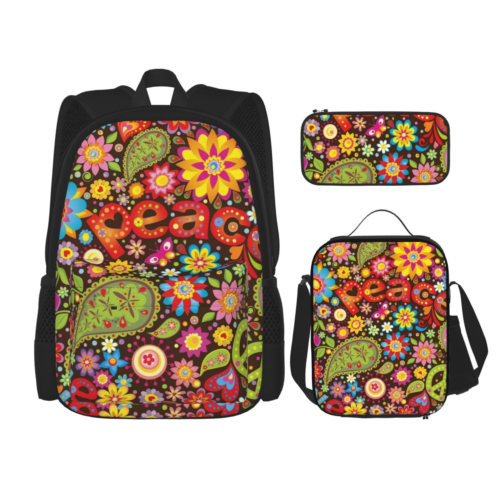 Fotbe Hippie Peace Love Set Escolar 3 en 1 para Niños - Mochila Duradera con Lonchera Aislante y ...