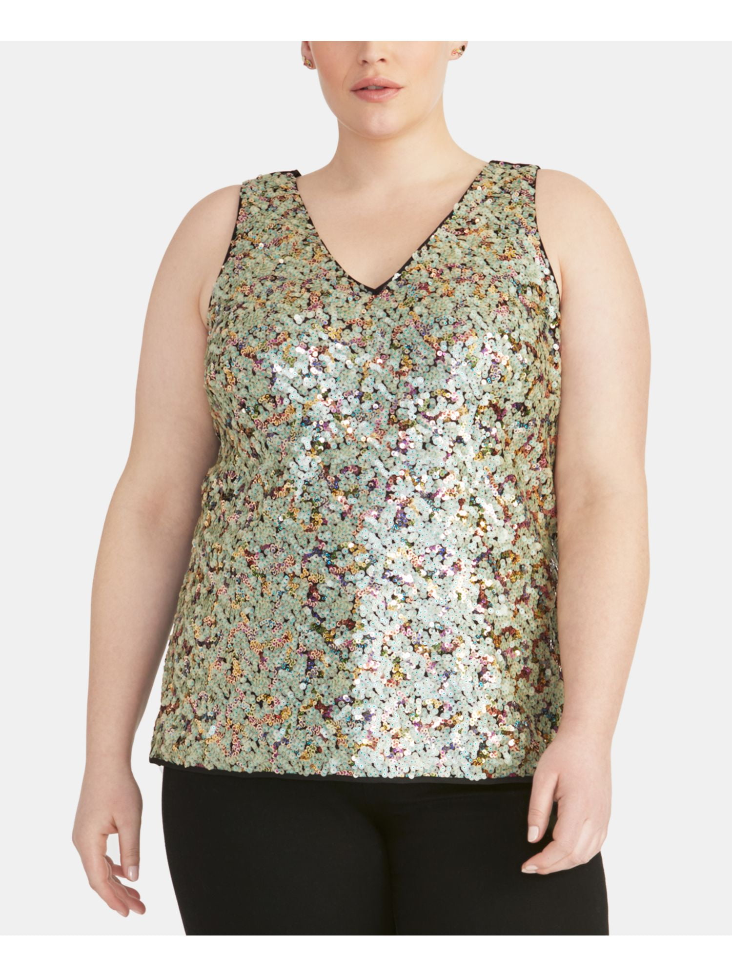 Rachel Rachel - RACHEL ROY Womens Green Sequined Printed Sleeveless V ...