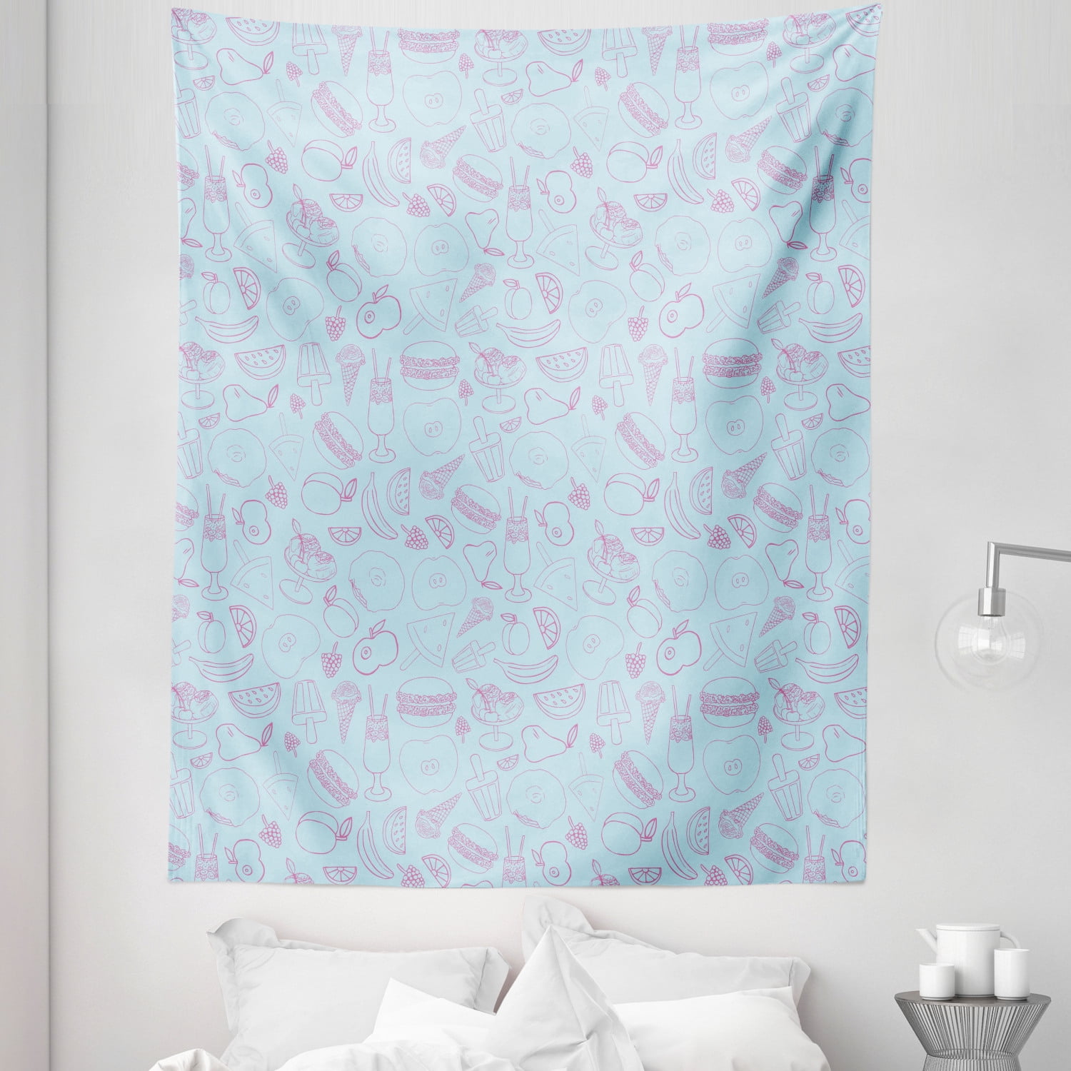 Food Art Tapestry, Line Art Snacks and Fruits Pattern of Hamburger ...