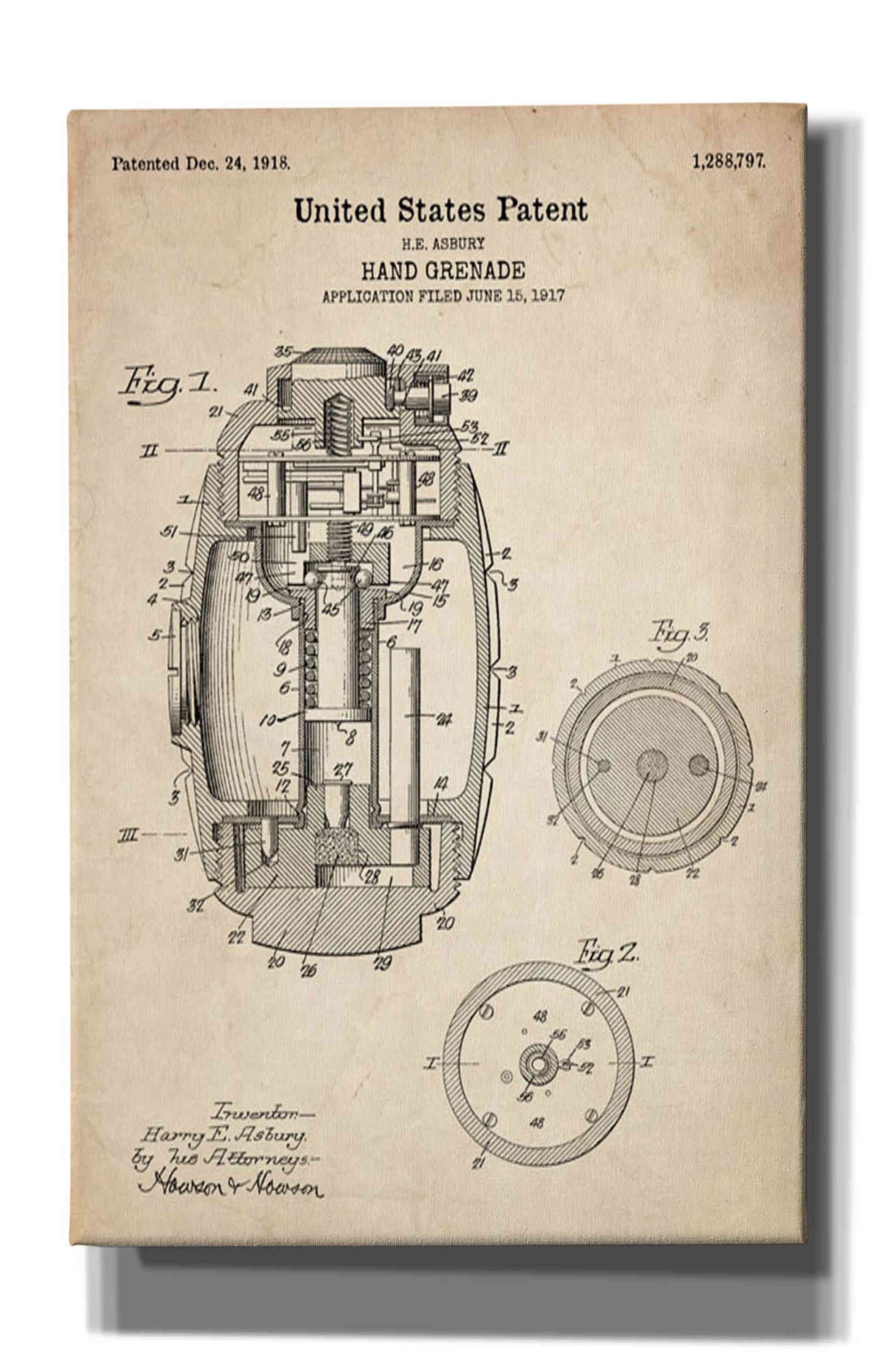 Epic Graffiti "Hand Grenade Blueprint Patent Parchment" Giclee Canvas ...