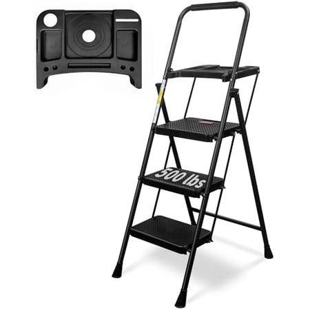WNOEY 3 Step Ladder with Tray, Folding Step Stool with Tool Platform ...