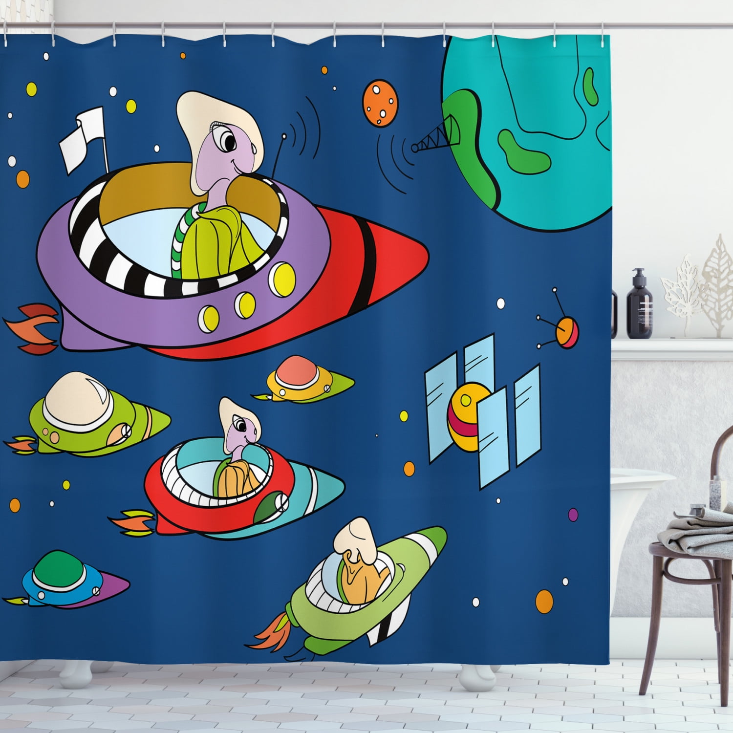 Alien Shower Curtain, Cartoon Style Illustration of Planets Spaceships ...