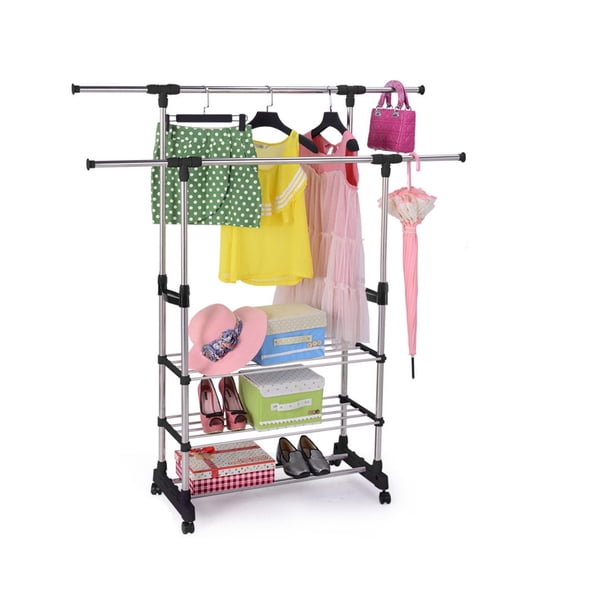 Ktaxon Portable Double Rolling Rail Adjustable Clothes Garment Rack ...