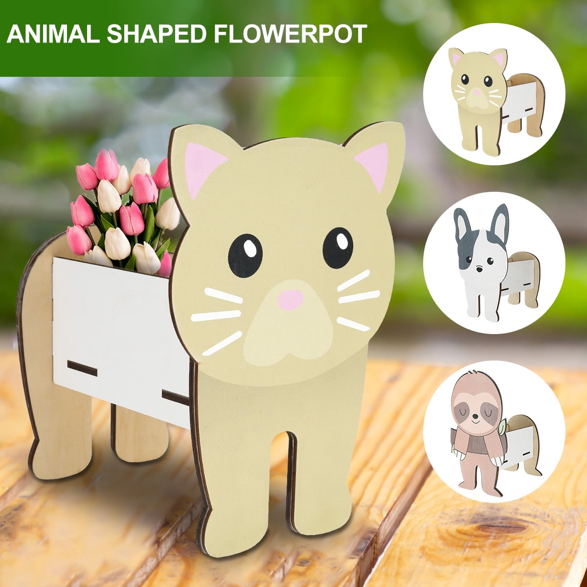 kitwin Animal-Shaped Flower Pot Wooden Decorative Dog Cat Sloth ...
