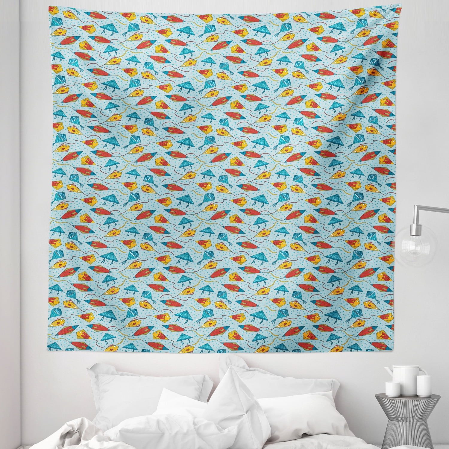 Fish Tapestry, Aquatic Animals in Kite Shapes in the Water with Bubbles ...