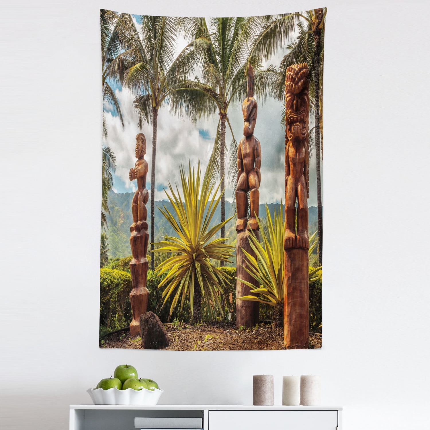Hawaii Tapestry, Tiki Sculptures and Palm Trees Tropical Island Ocean ...