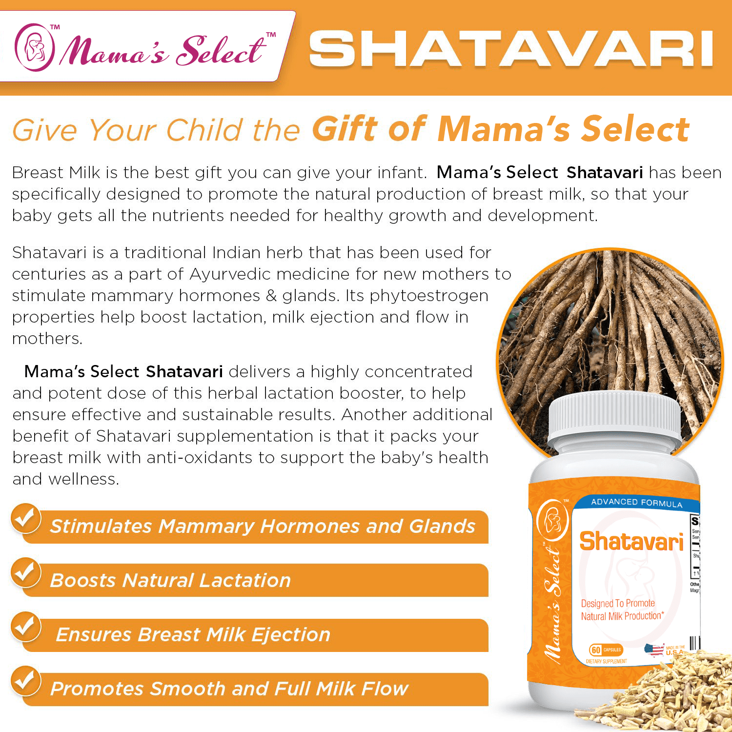 Mama’s Select Shatavari for Natural Breast Milk Production – Lactation Supplement for Nursing ...