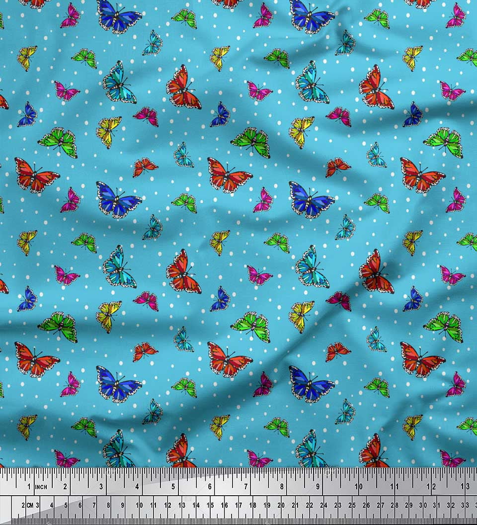 Soimoi Blue Satin Silk Fabric Dot & Butterfly Print Fabric by the Yard ...