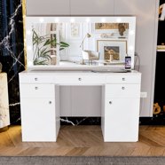 Ember Interiors Ibbie Pro Modern Lighted Vanity Table, White 11 Drawers ...