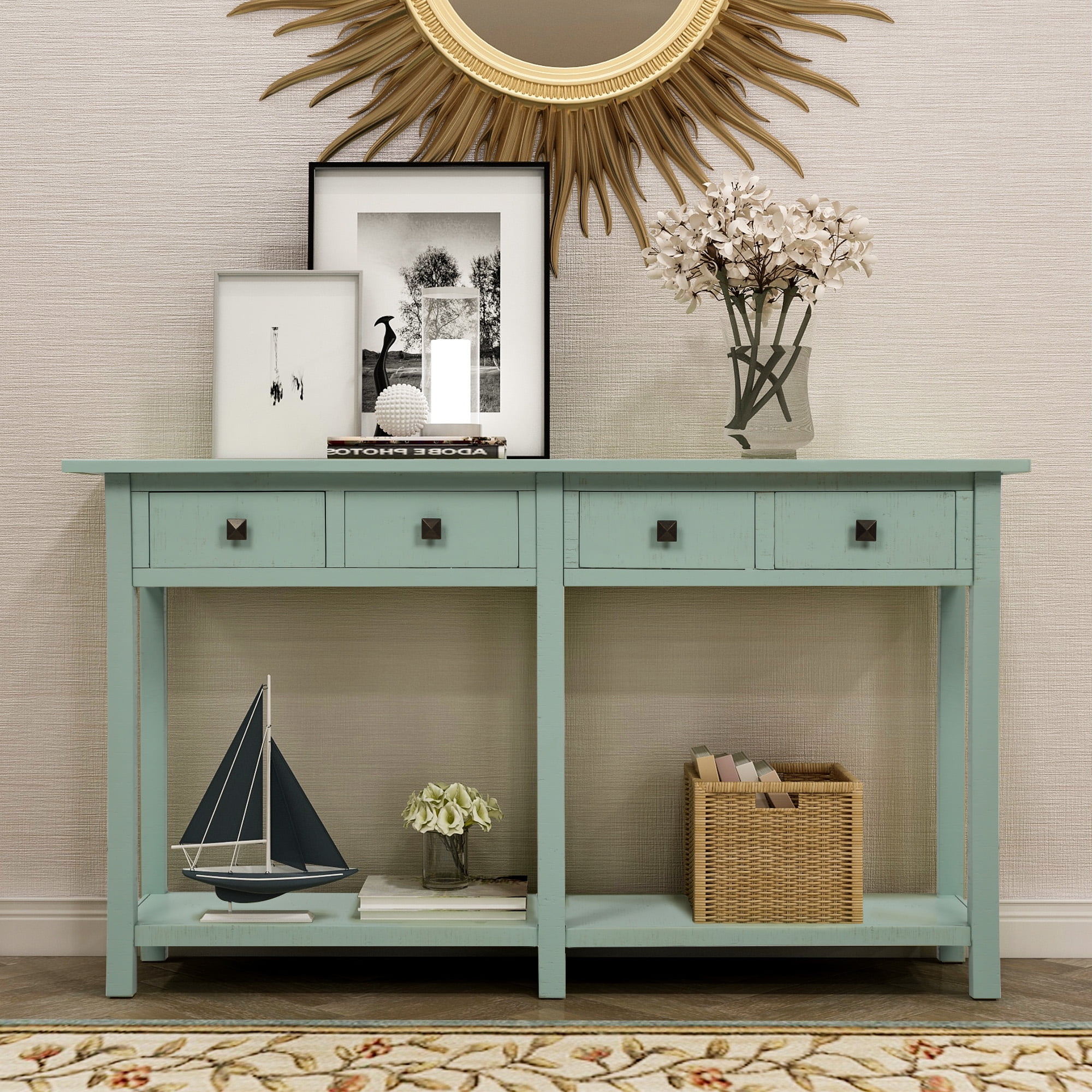 60" Retro Console Table, Dual Storage Cabinet with Drawers and Shelves ...