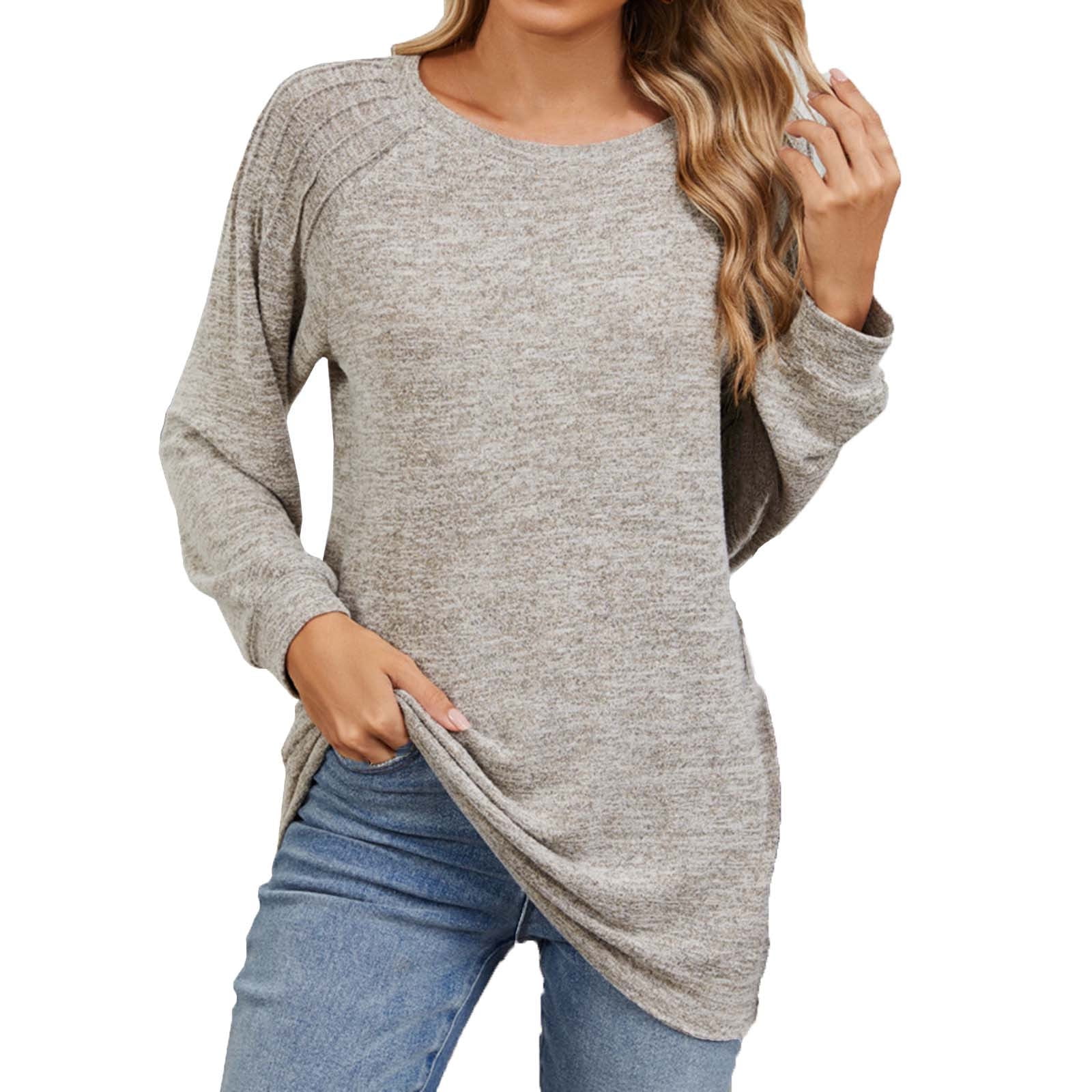 Timegard Womens Tops Round Neck Long Sleeve Solid Color Tee Shirts Dressy Casual Loose Warm Tops Fall