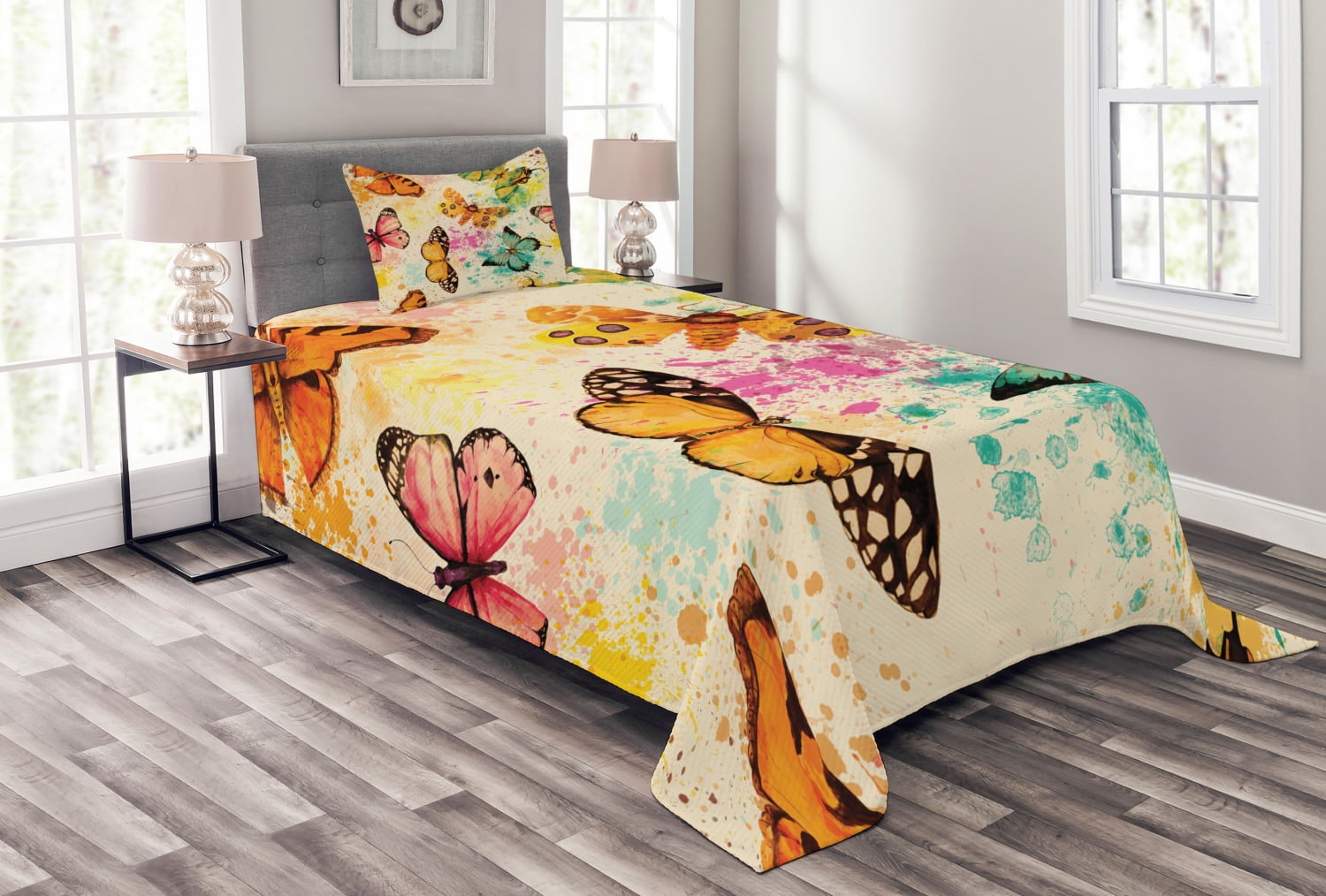 Butterfly Bedspread Set Twin Size, Watercolor Murky Grungy Butterflies ...