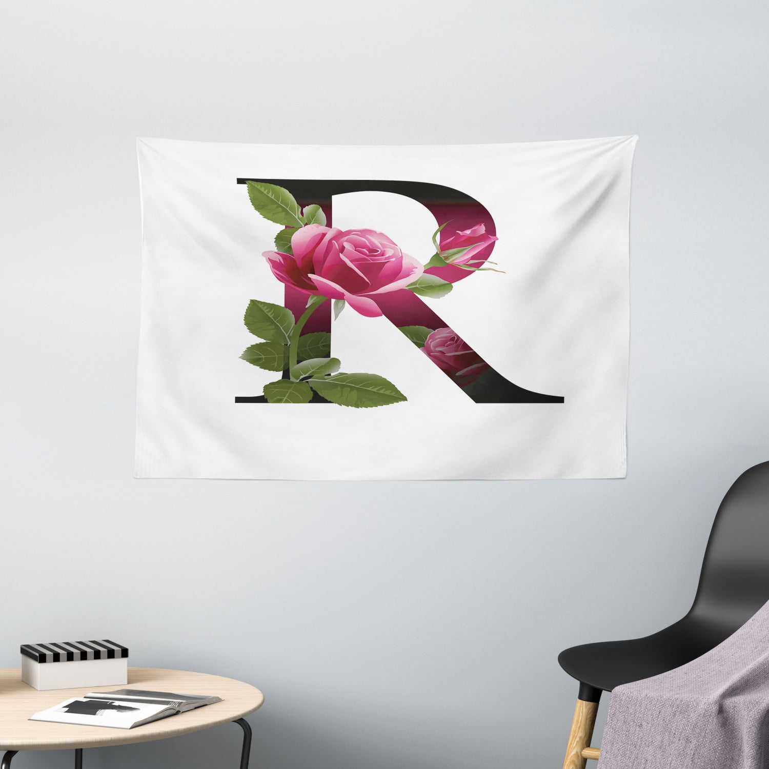 Letter R Tapestry, Capitalized R Symbol with Flower of Love Rose Nature ...