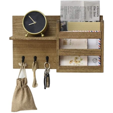 Wall Mounted Mail Envelope Organizer with 3 Key Holder Hooks - Wood ...