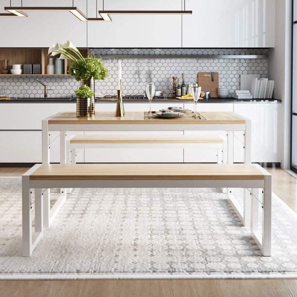 Amolife 3-Piece Modern Industrial Dining Table Set with Benches ...