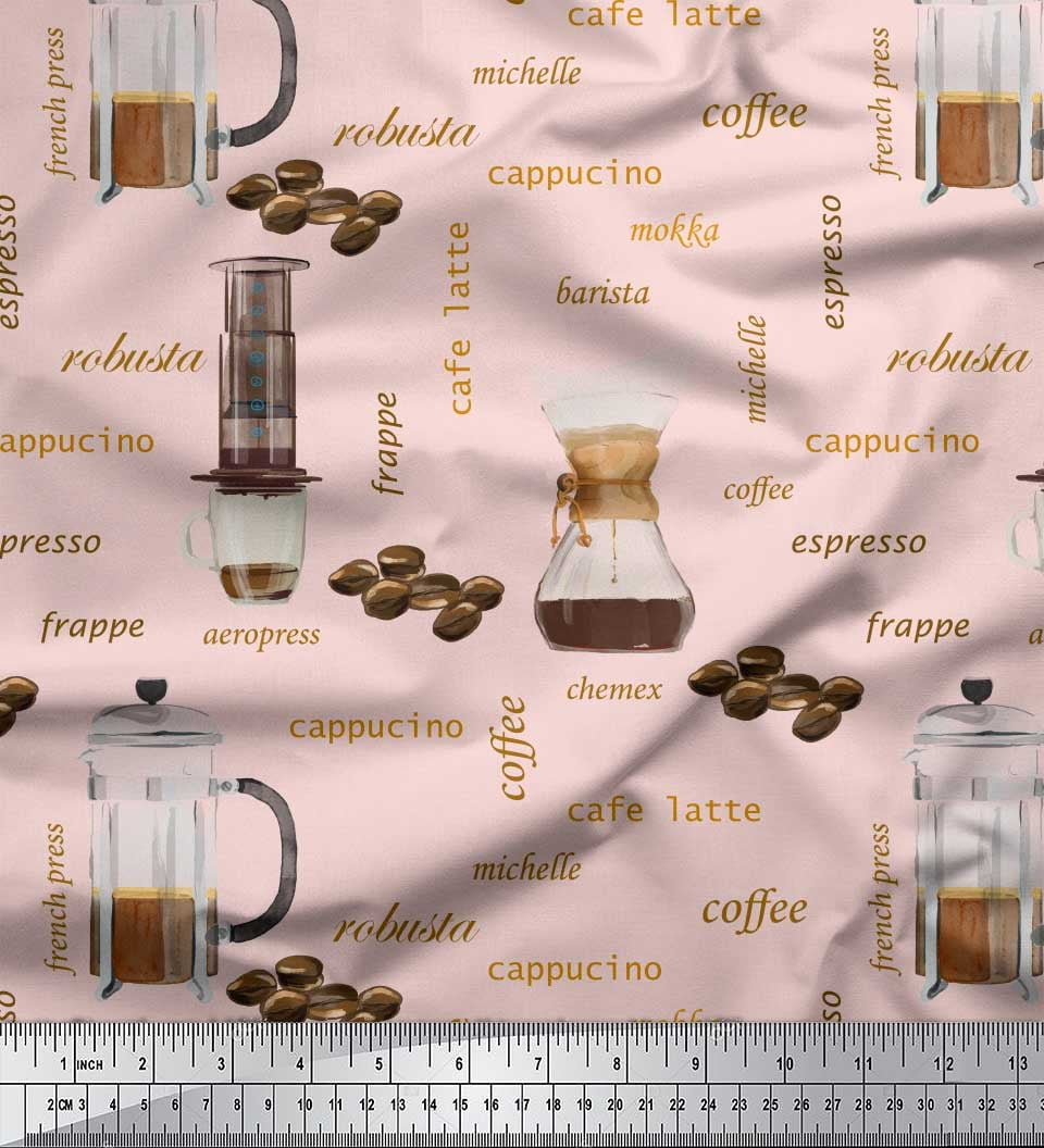 Soimoi Pink Cotton Jersey Fabric Text & Coffee Maker Kitchen Print ...