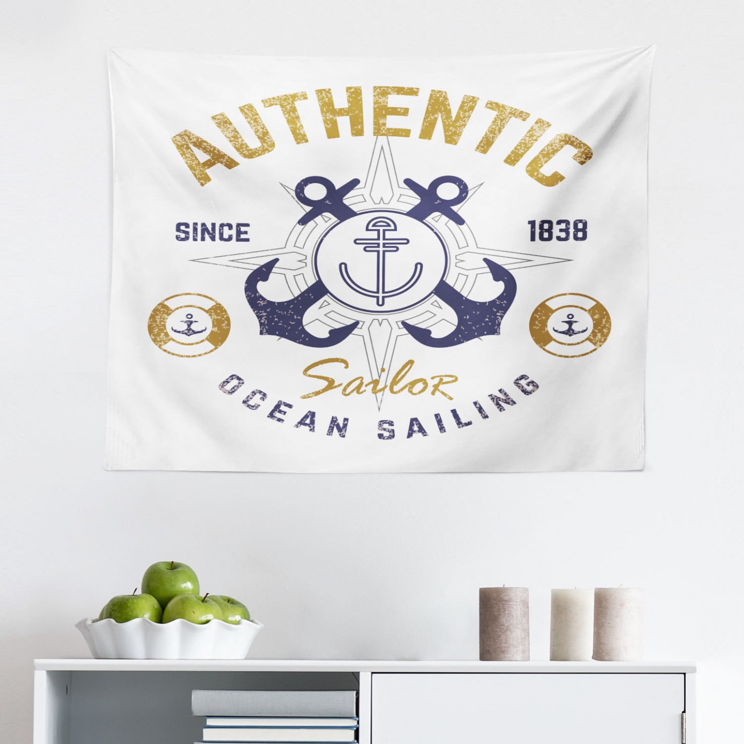 Anchor Tapestry, Sea Anchor with Weird Modern Lines Marine Life ...