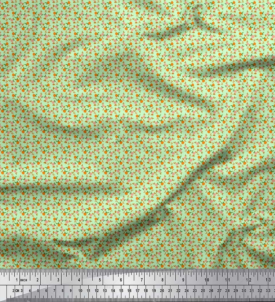 Soimoi Satin Silk Fabric Leaves & Peach Fruit Small Print Fabric by The ...