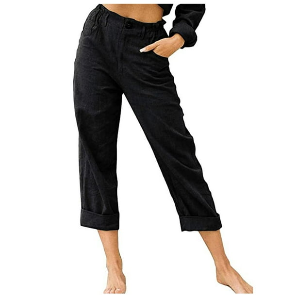 Womens Cotton Linen Capris Elastic High Waisted Plus Size Solid Color