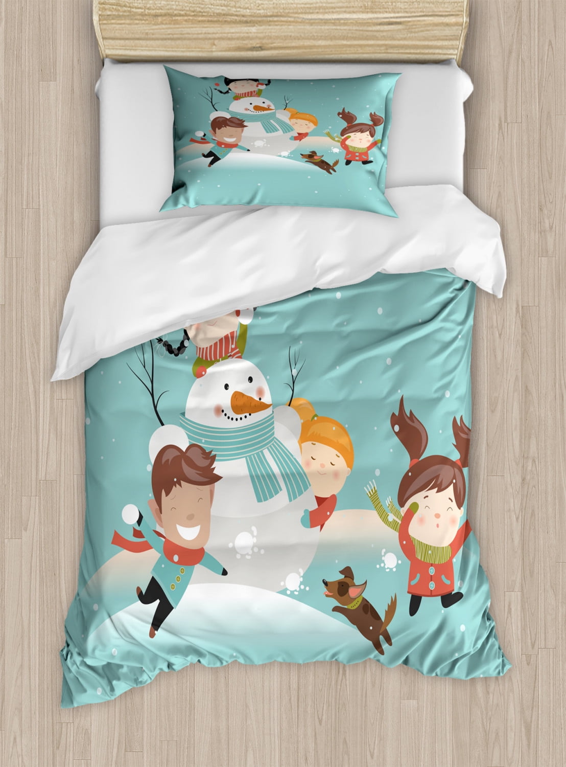 Winter Duvet Cover Set Twin Size, Cartoon of Kids with Dog Having Fun ...