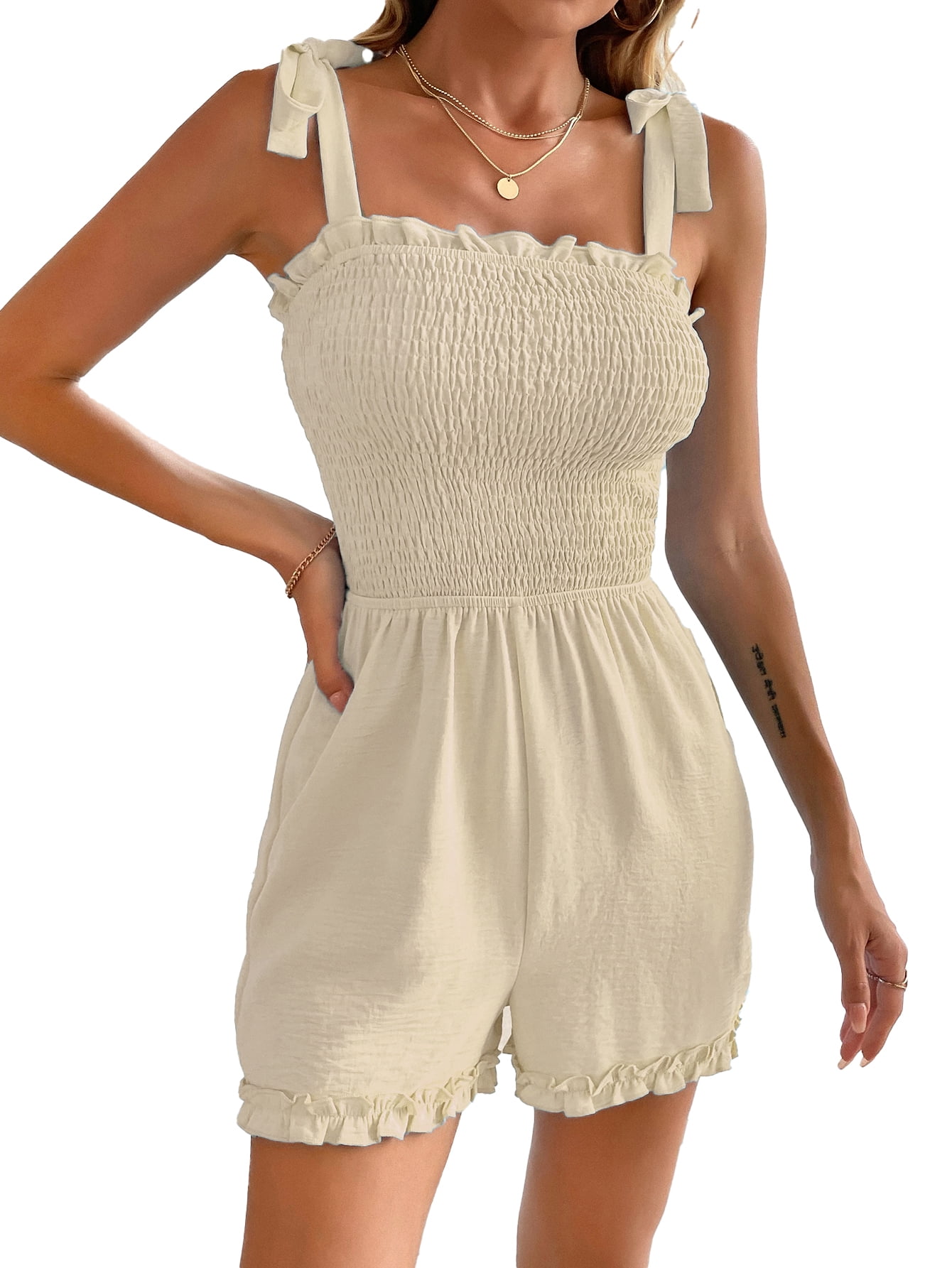 EILLY BAZAR Cami Romper for Women Knotted Shoulder Shirred Frill Trim ...