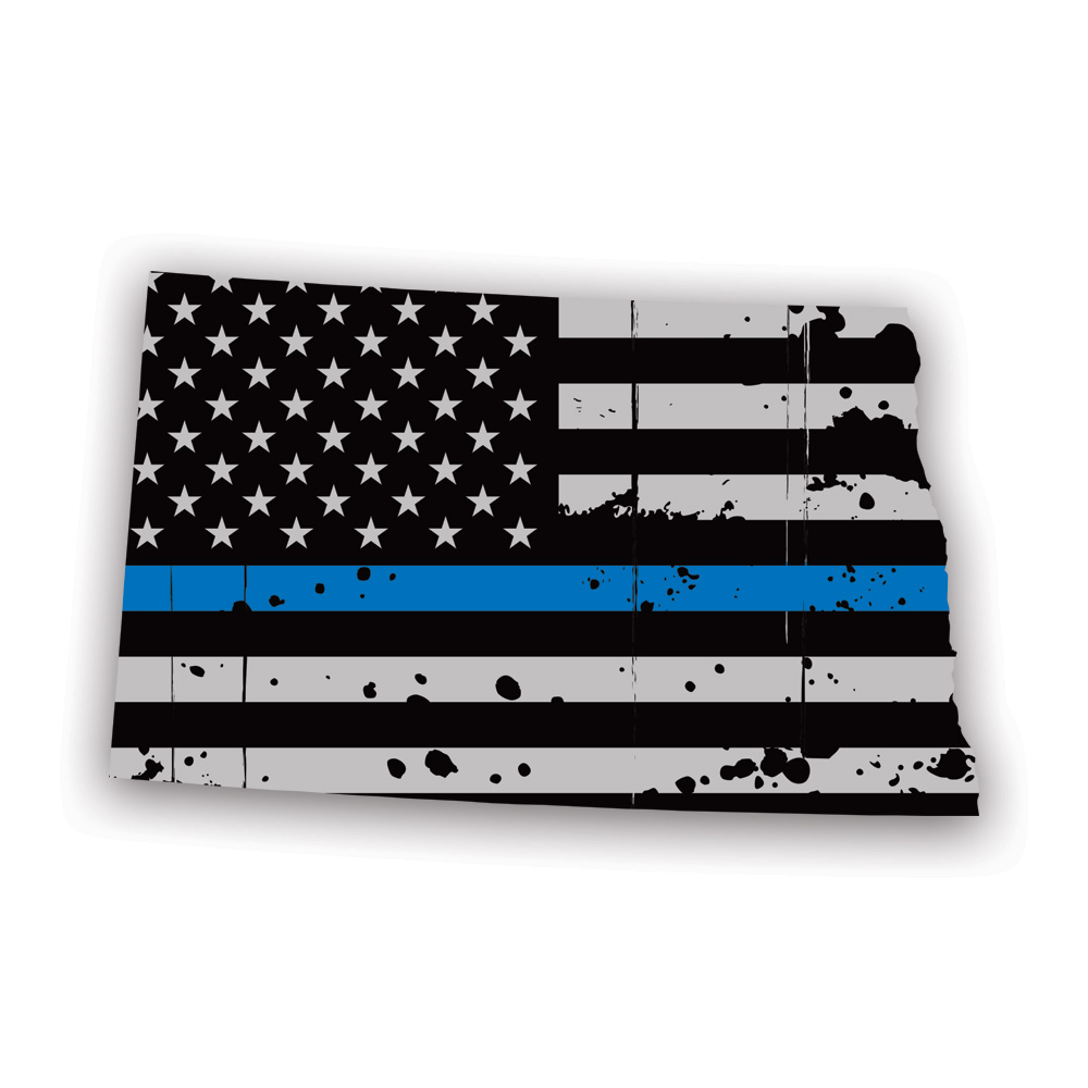 Distressed North Dakota State Shaped Subdued US Flag Thin Blue Line Sticker Decal - Self ...