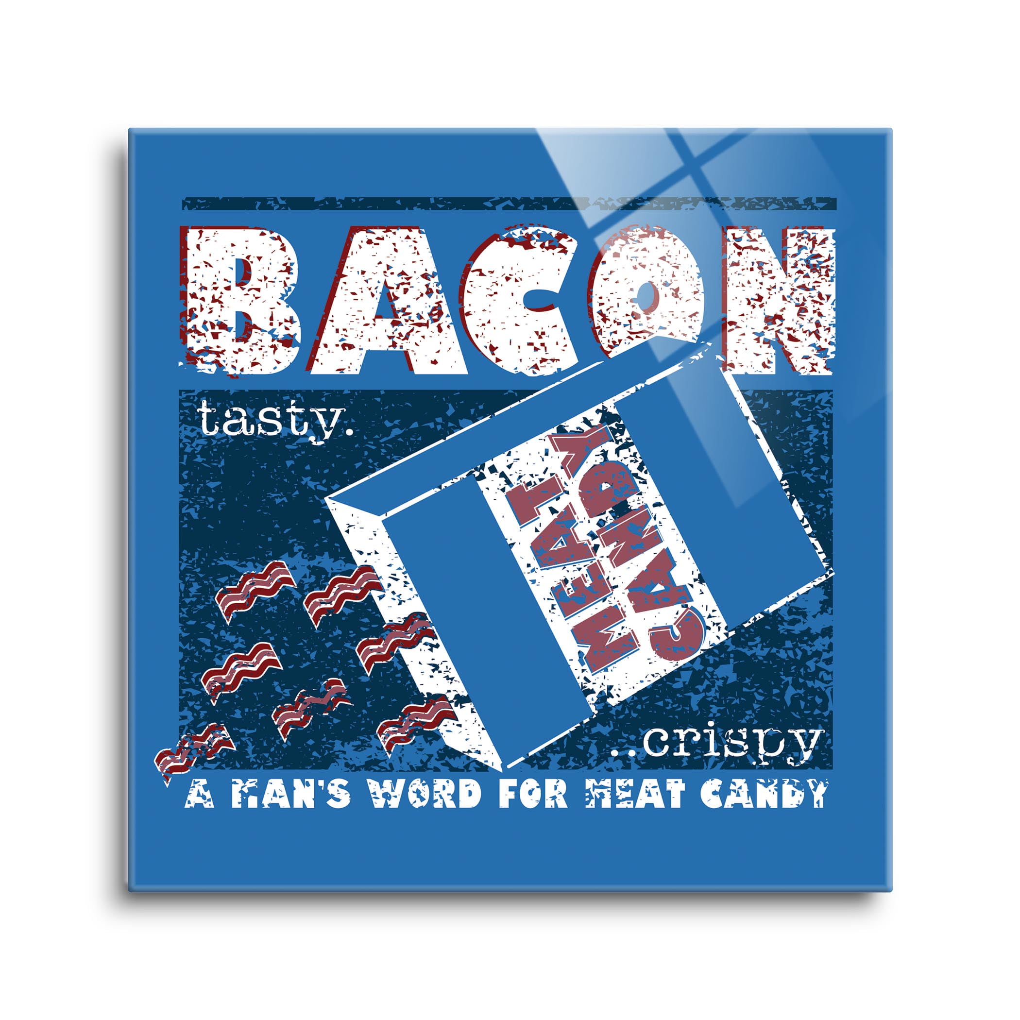 Bacon Meat Candy Blue Box Bacon Candy 24 x 24 Glass Wall Hanging Sign ...