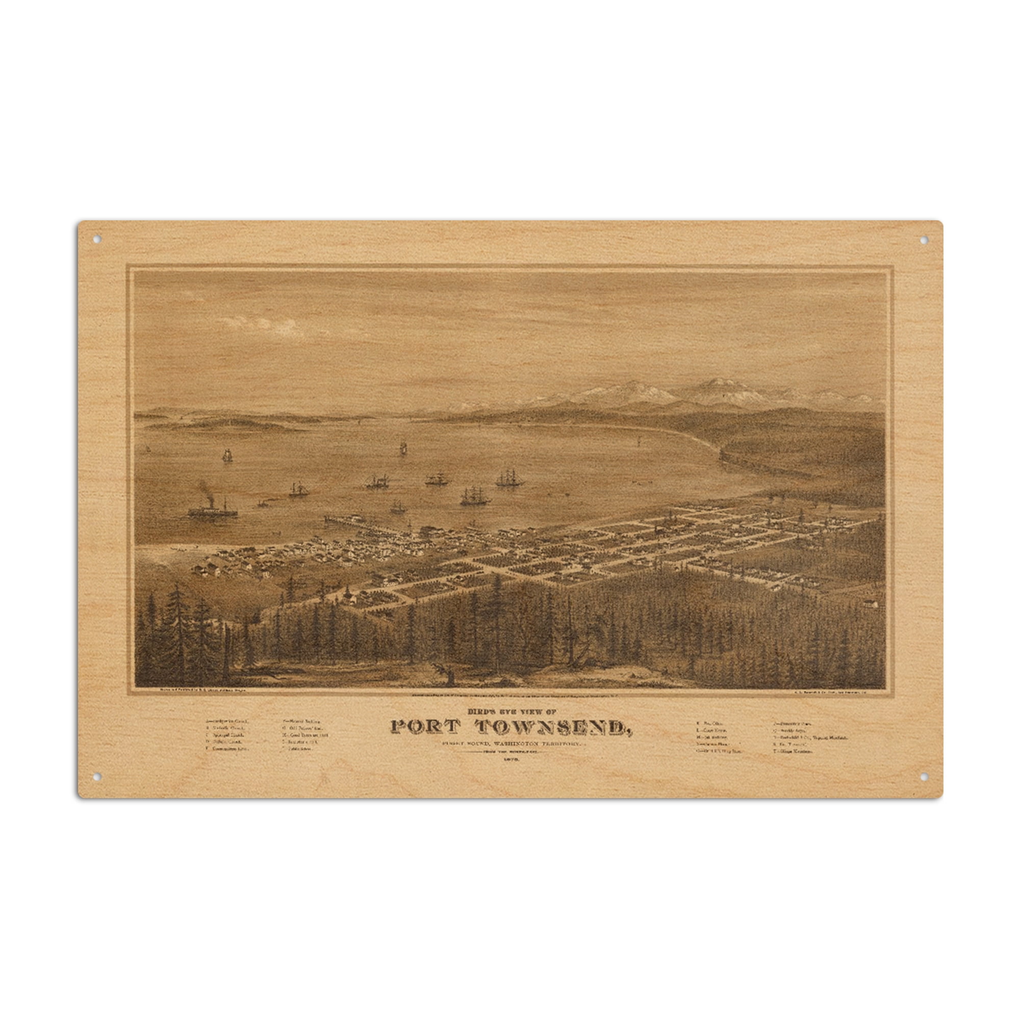 Port Townsend, WA Panoramic Map, 1878 Birch Wood Wall Sign (6x9 Rustic ...