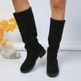 Black Ladies Mid Calf Boots Chunky Heel Pleated Bootlegs Soft Suede ...