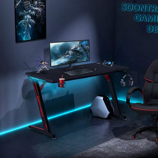 Soontrans 55 Z Shaped Gaming Desk Computer Gaming Table Desk with LED Lights Carbon Fibre Home Office Desks PC Gamer Workstations with Cup Holder