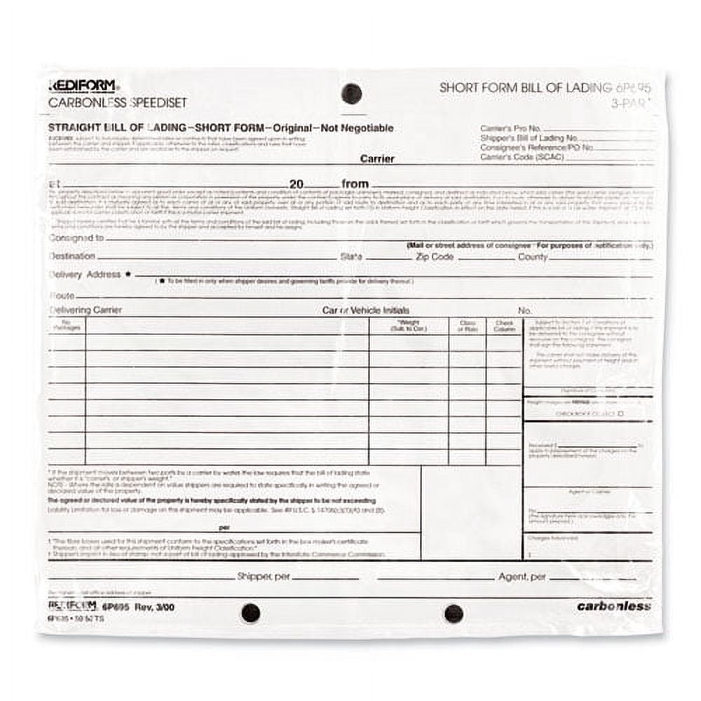Ncr Forms 1PK RED6P695 Bill Of Lading, Short Form, Three-Part ...