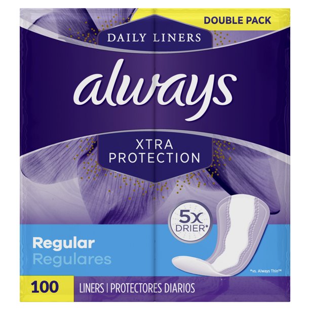 Always Xtra Protection Regular Daily Liners, Unscented 100 ct - 2 Pack ...