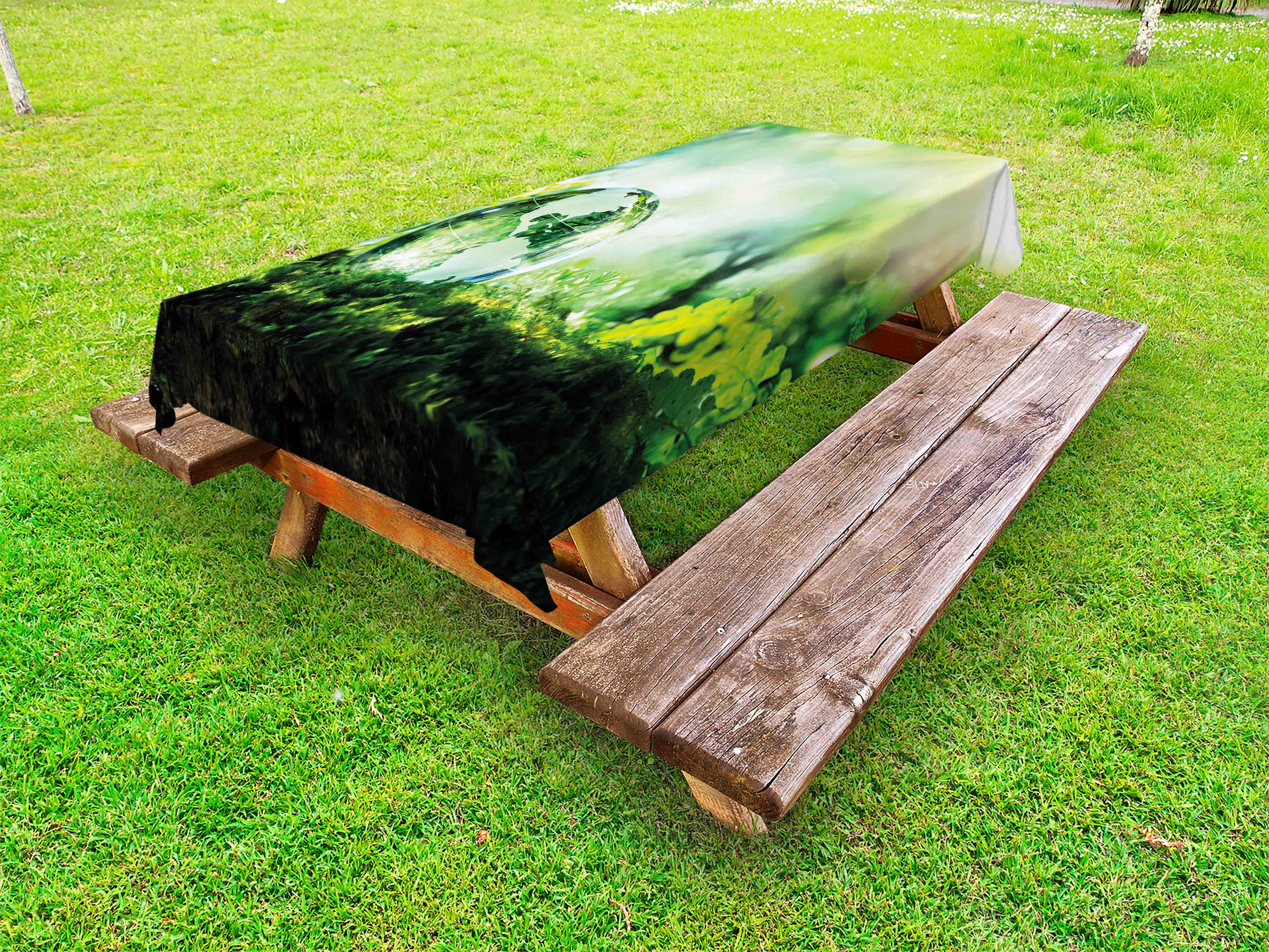World Outdoor Tablecloth, Globe on Fresh Green Grass Morning in Forest ...