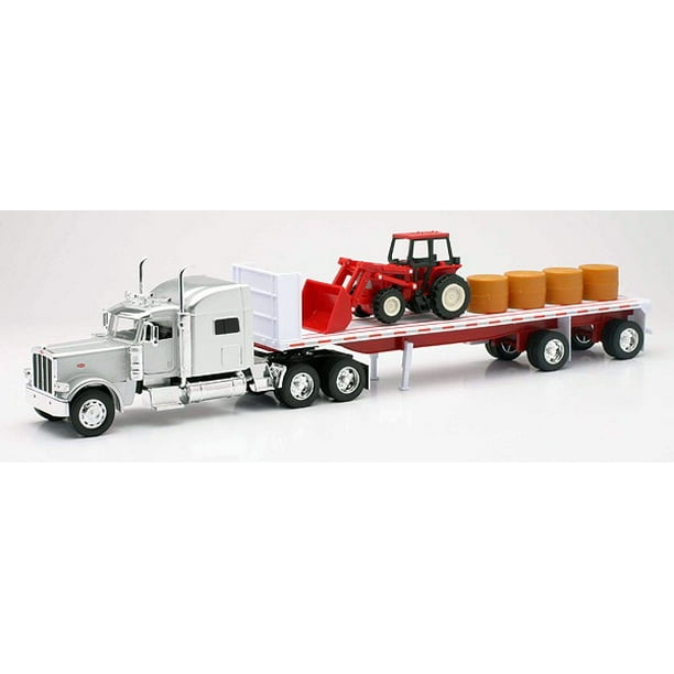 1/32 Peterbilt 389 w/Flatbed Trailer, Farm Tractor & Hay Load (Die Cast ...