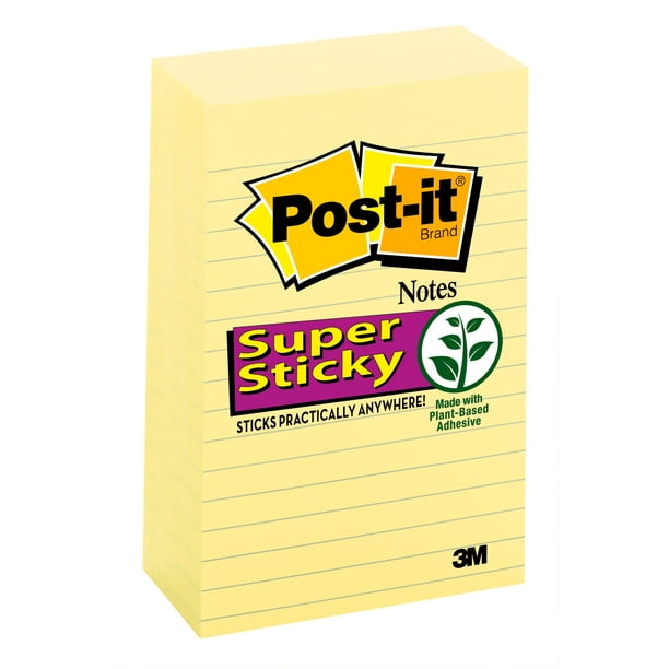 Post-it Super Sticky Lined Notes, 4" x 6", Canary Yellow, 5 Pads ...