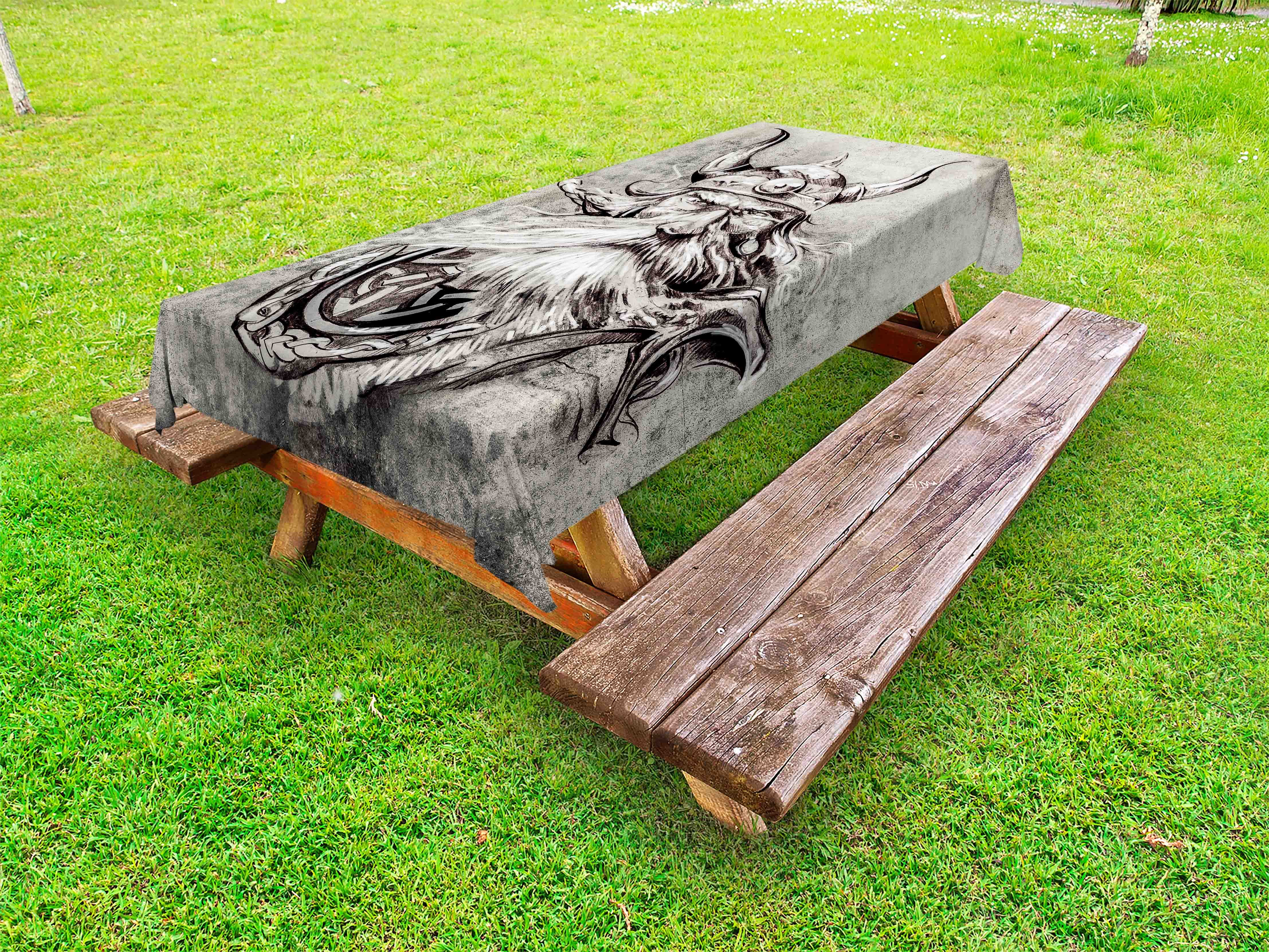 Tattoo Outdoor Tablecloth, Artistic Pencil Drawing of a Brave Viking ...