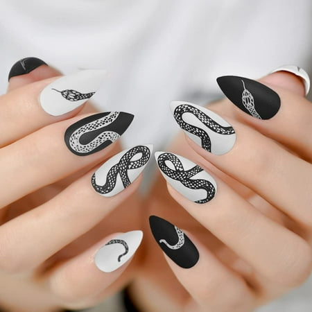 Stiletto Matte Black White Snake False Nails,Almond Animal Pattern ...