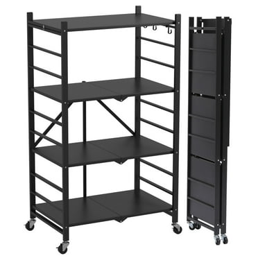 Powiller 4-Tier Foldable Storage Shelf with Wheels, Heavy Duty Metal ...