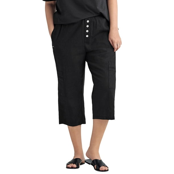 Ellos Ellos Womens Plus Size Rib Elastic Waist Linen Capri Pants
