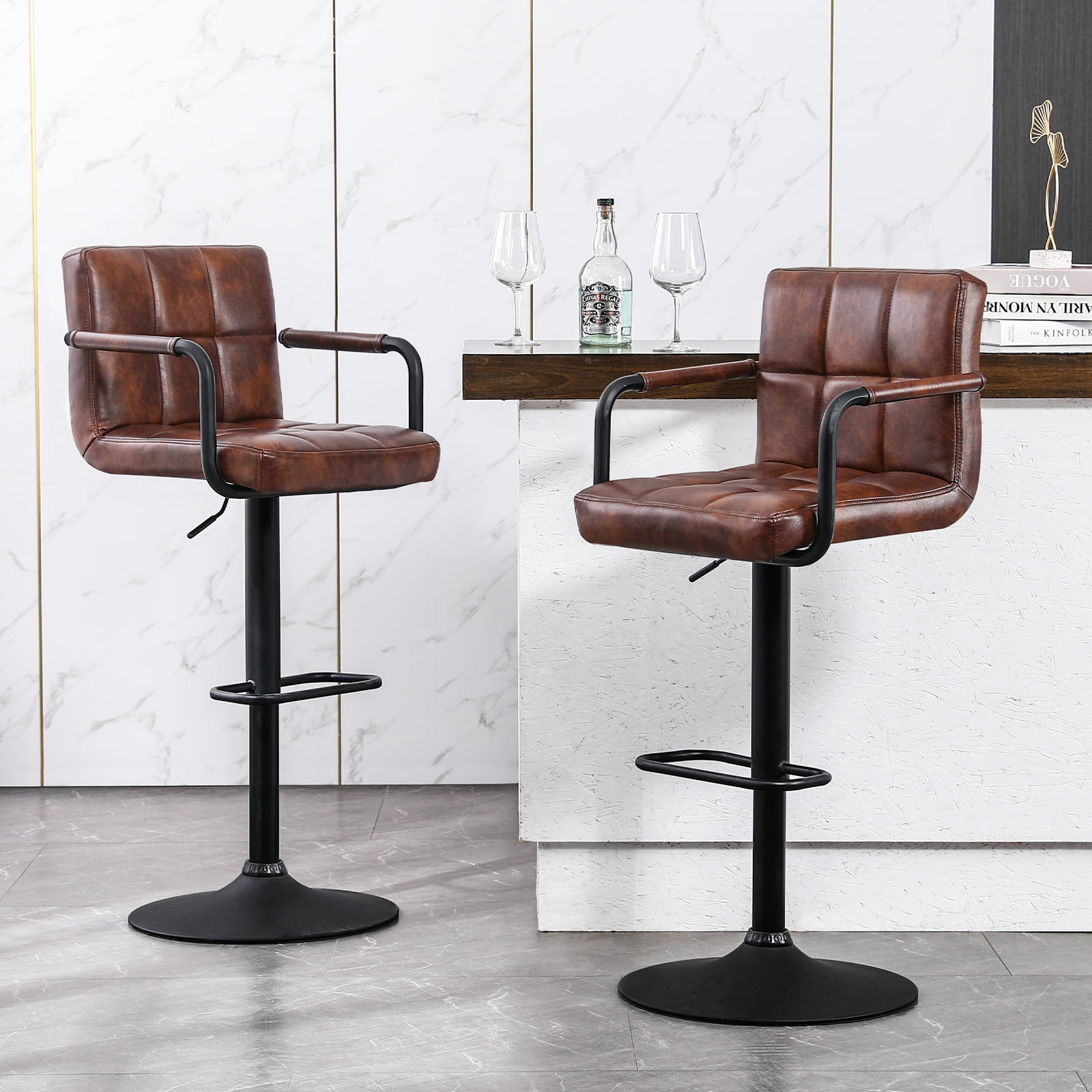 Furniliving Adjustable Swivel Bar Stools Armrest Low-Back Support ...