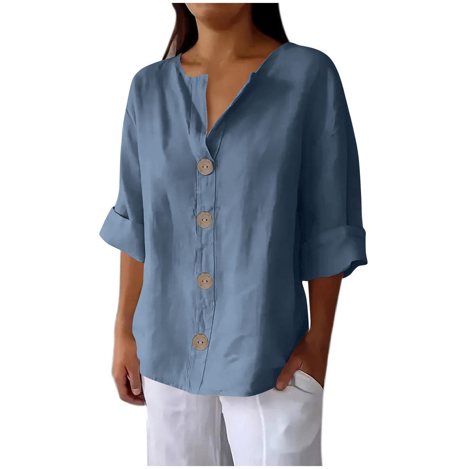 Click here for Yanlir Womens Solid V-Neck 3/4 Sleeve Cotton Linen... prices