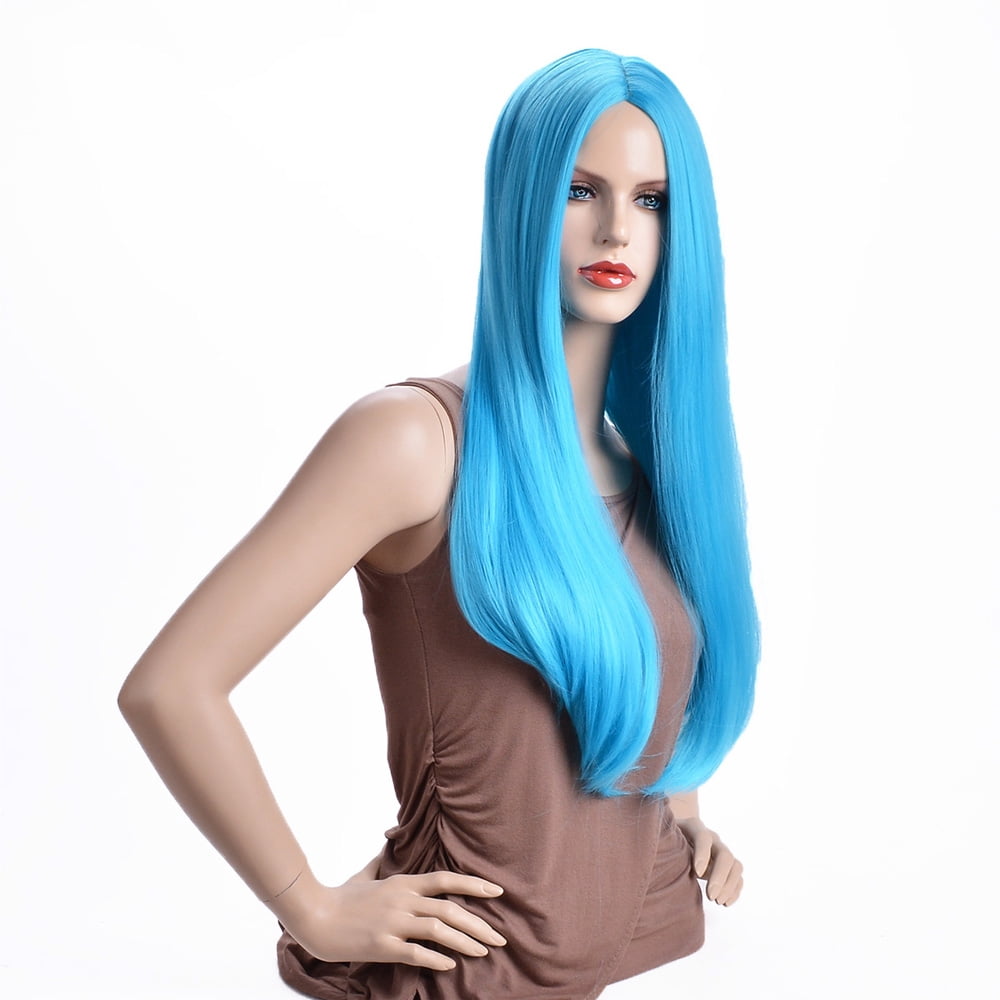 RightOn 26" Blue Wig Long Straight Hair Wig Sky Blue Wig Cosplay ...