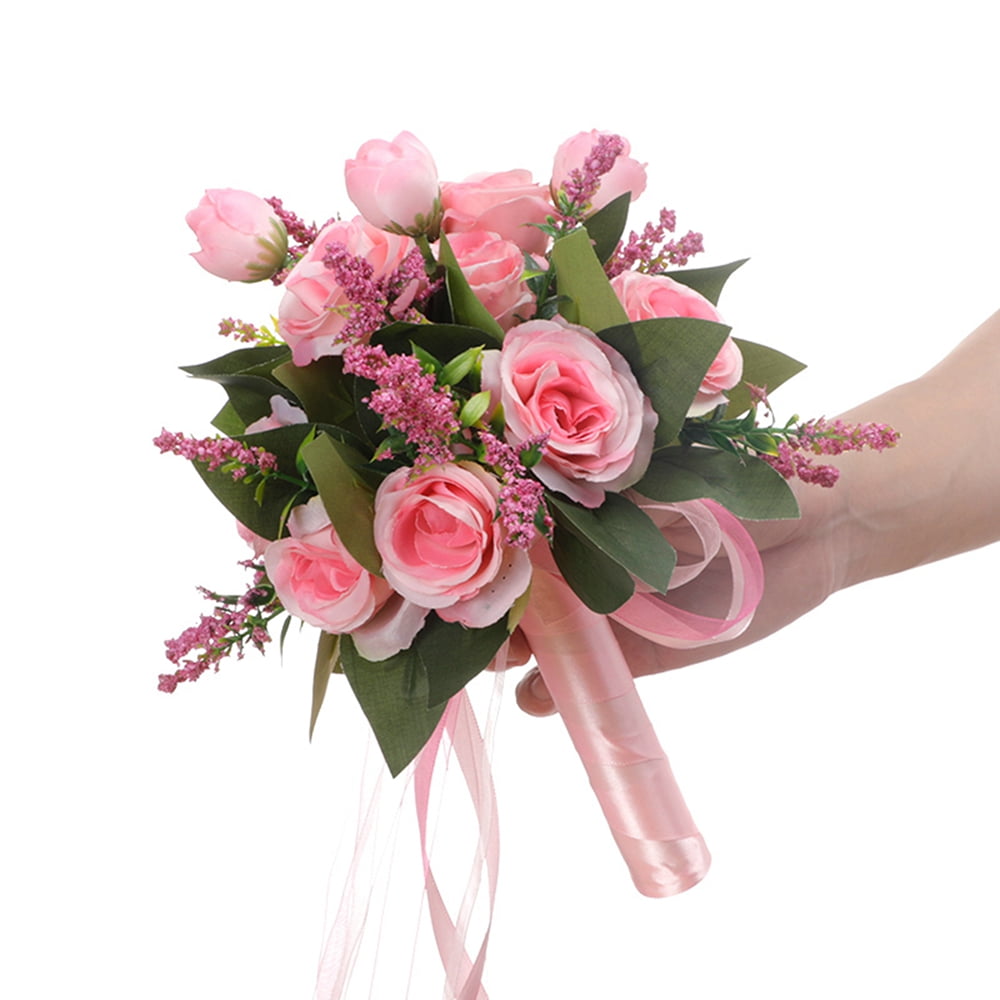 Wedding Bouquet, Pink Rose Bouquet Bridal Bouquet with Soft Ribbons ...
